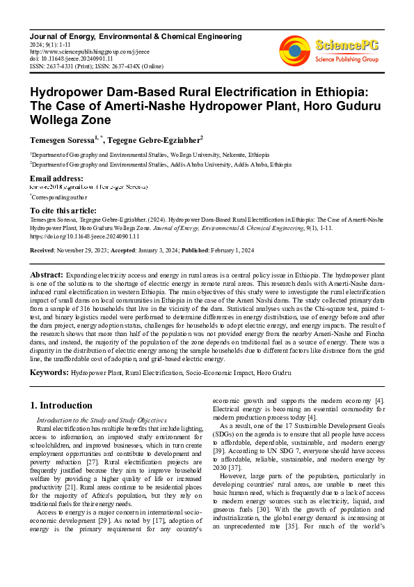 (PDF) Hydropower Dam-Based Rural Electrification in Ethiopia: The Case of Amerti-Nashe ...