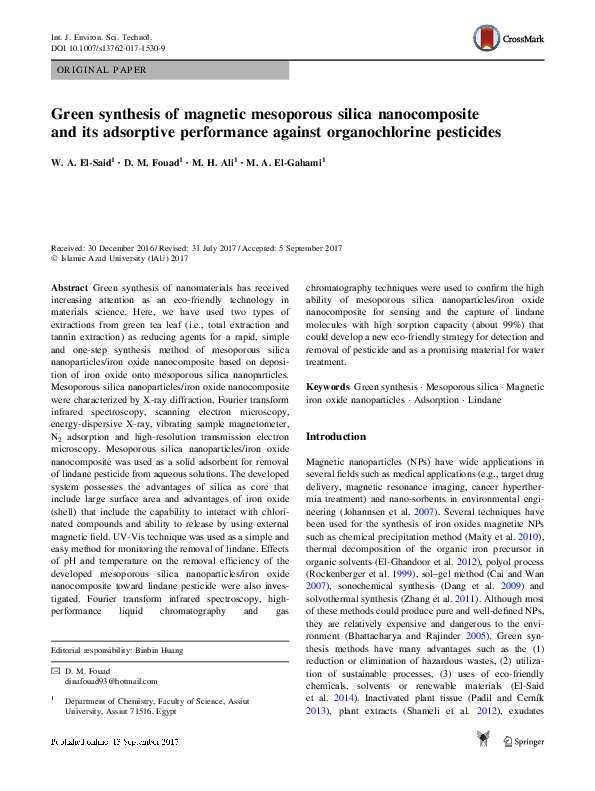 (PDF) Green synthesis of magnetic mesoporous silica nanocomposite and its adsorptive performance ...
