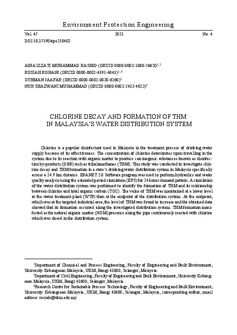 (PDF) Chlorine decay and formation of THM in Malaysia’s water ...