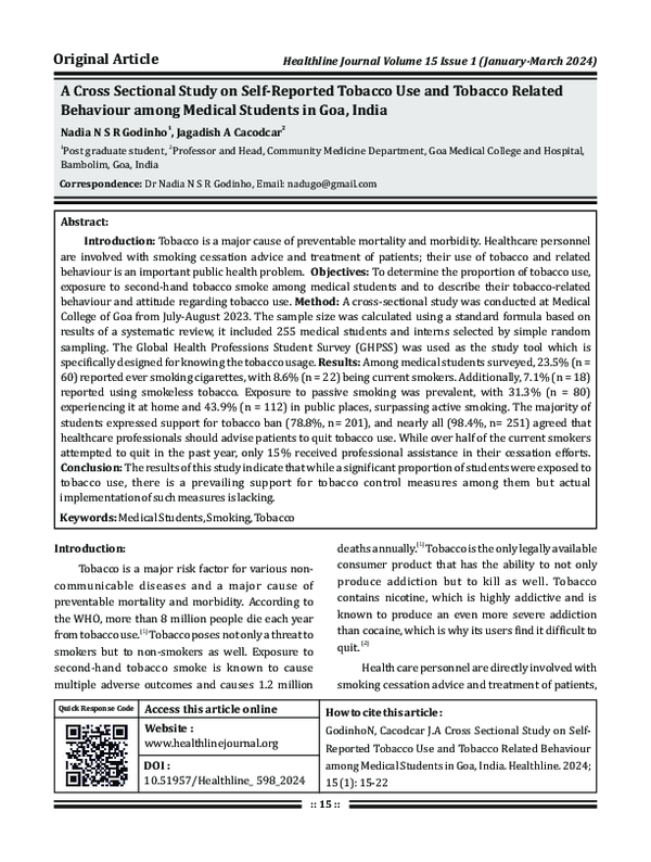 (PDF) A Cross Sectional Study on Self-Reported Tobacco Use and Tobacco ...