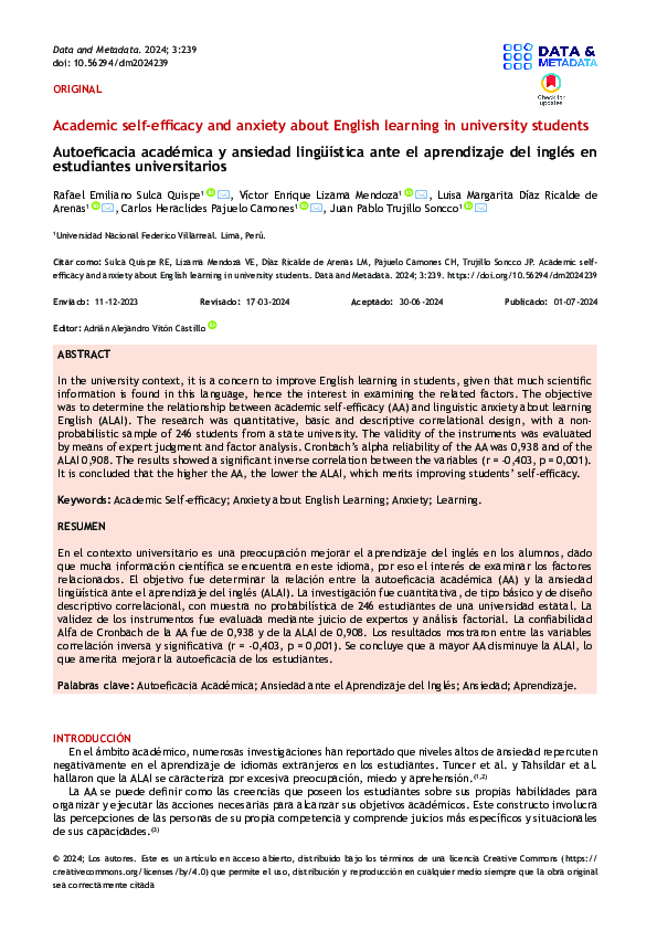 (PDF) Academic self-efficacy and anxiety about English learning in university students