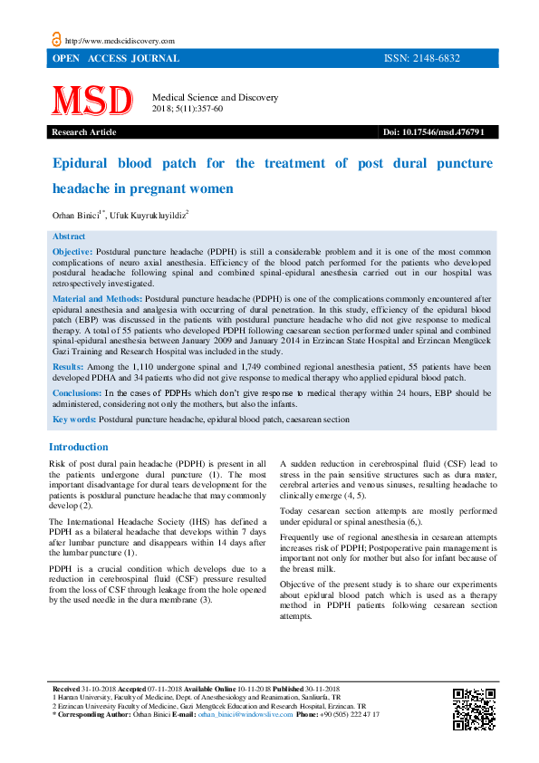 (PDF) Epidural blood patch for the treatment of post dural puncture ...