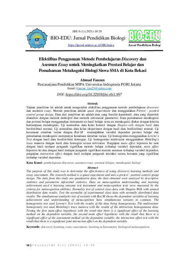 (PDF) Efektifitas Pengaruh Penggunaan Metode Pembelajaran Discovery dan Asesmen Essay Untuk ...