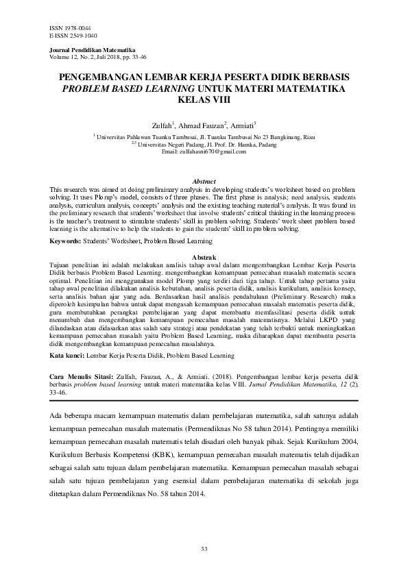 (PDF) Pengembangan Lembar Kerja Peserta Didik Berbasis Problem Based Learning Untuk Materi ...