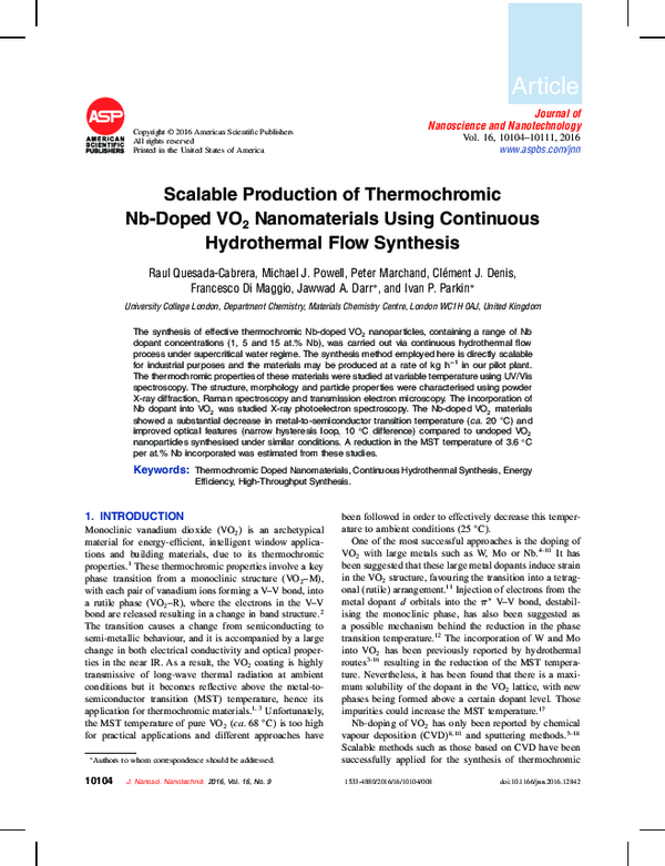 (PDF) Scalable Production of Thermochromic Nb-Doped VO2 Nanomaterials Using Continuous ...