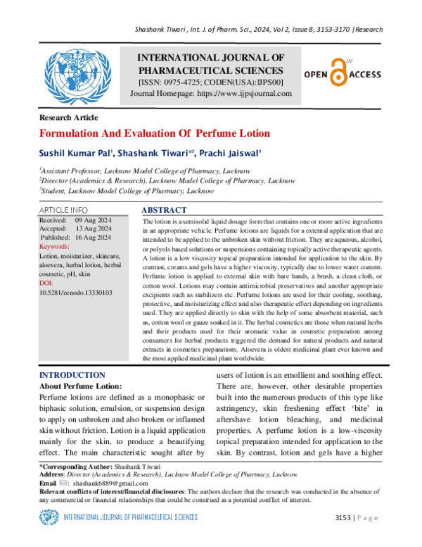 (PDF) Formulation And Evaluation Of Perfume Lotion