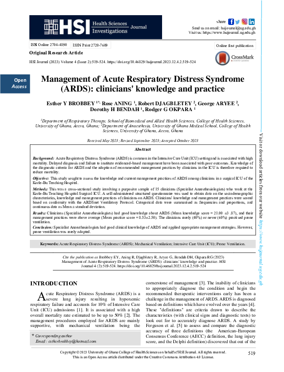 (PDF) Management of Acute Respiratory Distress Syndrome (ARDS ...