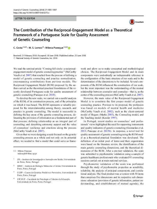 (PDF) The Contribution of the Reciprocal‐Engagement Model as a ...
