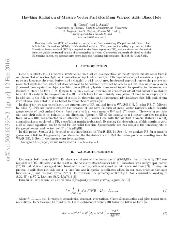 (PDF) Hawking radiation of massive vector particles from a warped AdS 3 ...