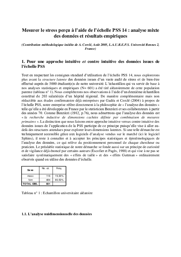 (PDF) Méthodologie d'analyse du stress perçu: échelle PSS 14