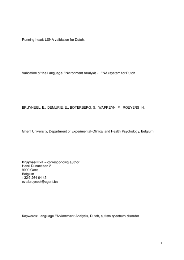 (PDF) Validation of the Language ENvironment Analysis (LENA) system for Dutch