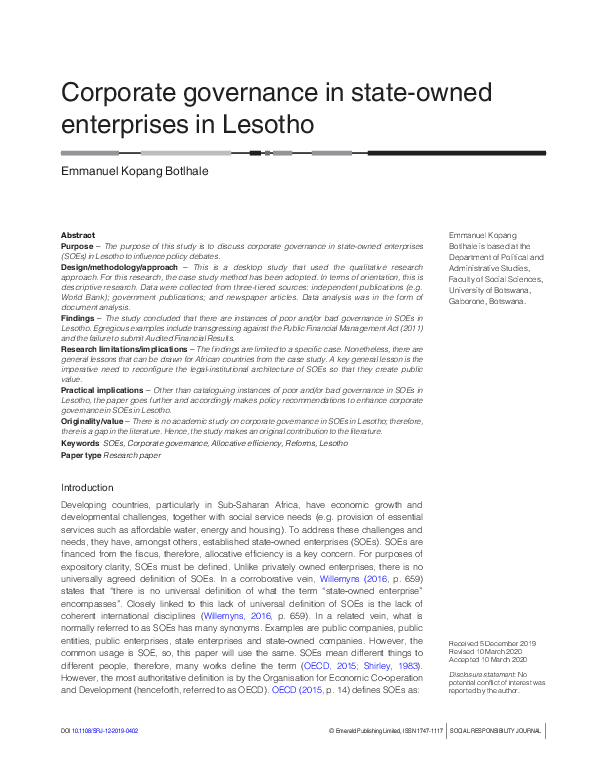 (PDF) Corporate governance in state-owned enterprises in Lesotho