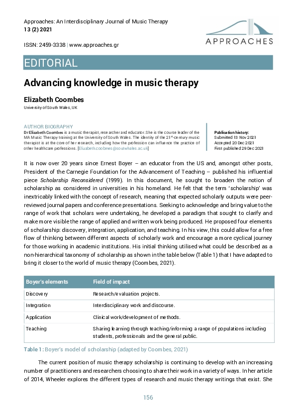 (PDF) Advancing knowledge in music therapy
