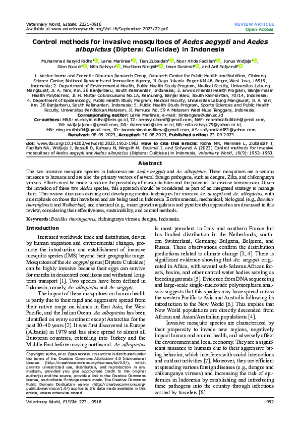 (PDF) Control methods for invasive mosquitoes of Aedes aegypti and Aedes albopictus (Diptera ...