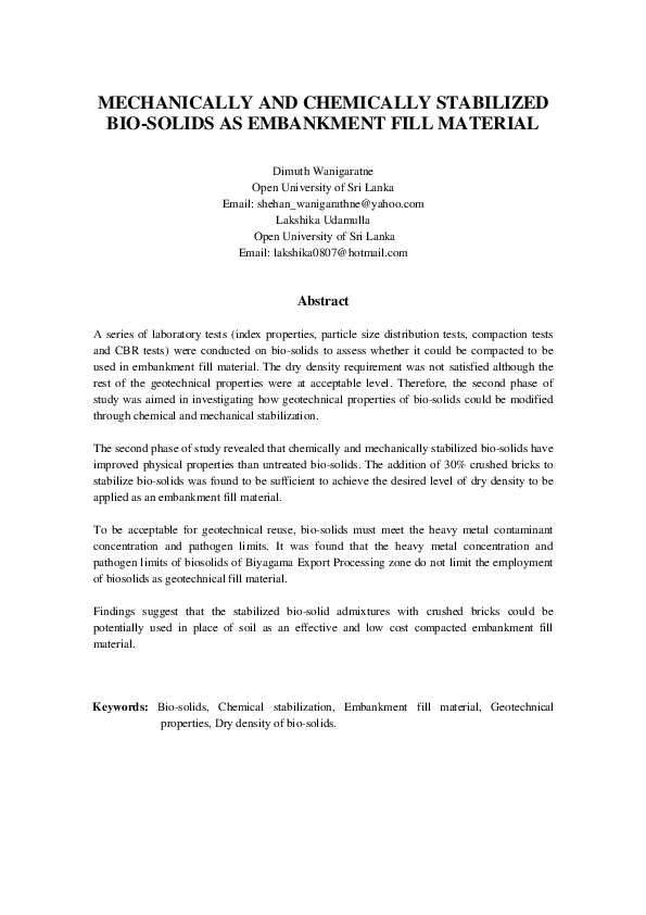 (PDF) Mechanically and chemically stabilized bio-solids as embankment ...