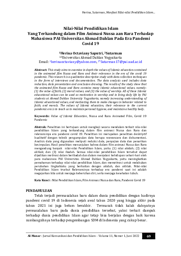 (PDF) Nilai-Nilai Pendidikan Islam Yang Terkandung dalam Film Animasi Nussa aan Rara Terhadap ...