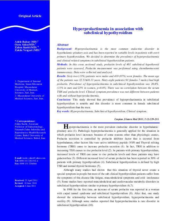 (PDF) Hyperprolactinemia in association with subclinical hypothyroidism