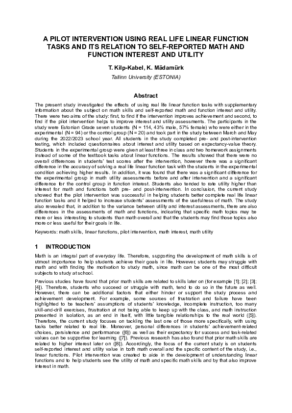 (PDF) A Pilot Intervention Using Real Life Linear Function Tasks and Its Relation to Self ...