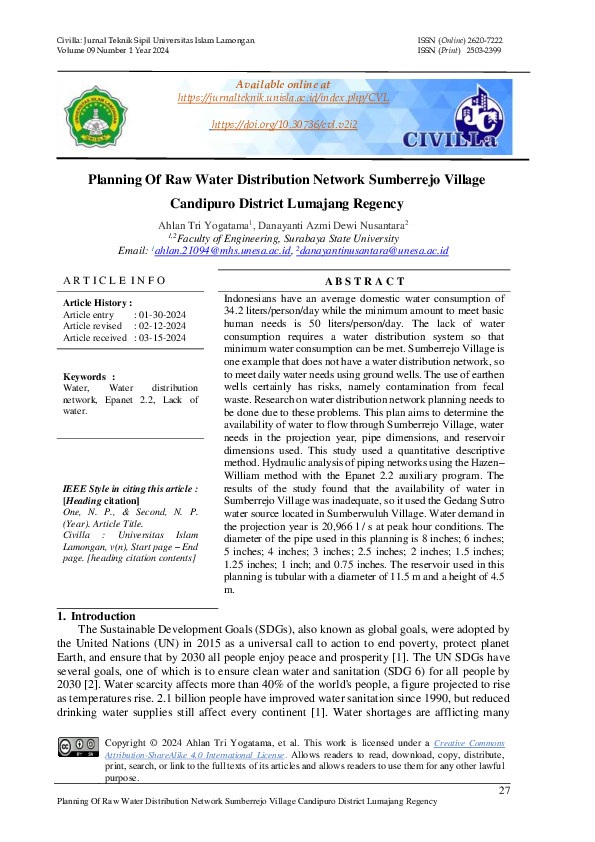 (PDF) Water Distribution Network Planning in Sumberrejo