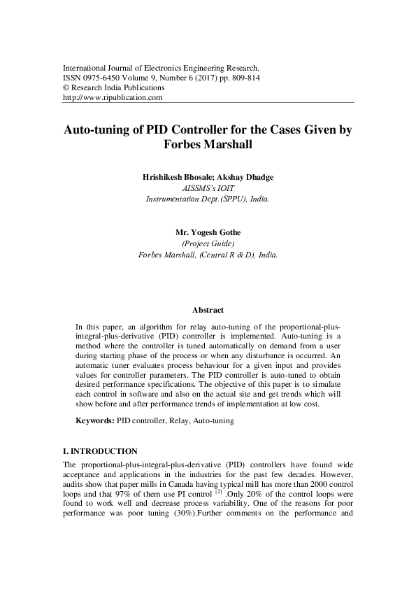 (PDF) Auto-tuning of PID Controller for the Cases Given by Forbes Marshall