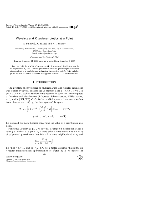 (PDF) Wavelets and Quasiasymptotics at a Point | Stevan Pilipović - Academia.edu