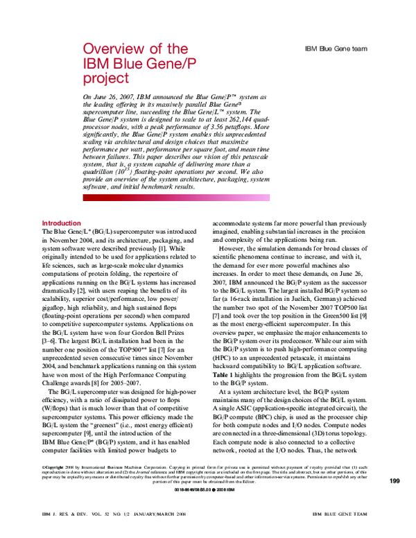 (PDF) Overview of the IBM Blue Gene/P project