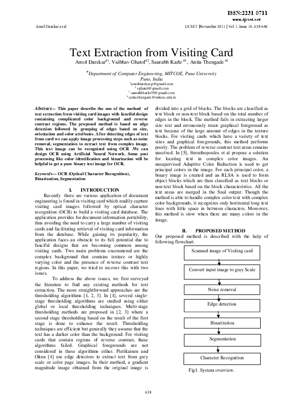 (PDF) Text Extraction from Visiting Card