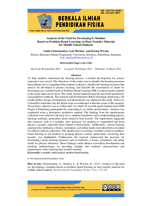 (PDF) Analysis of the Need for Developing E-Modules Based on Problem-Based Learning on Heat ...