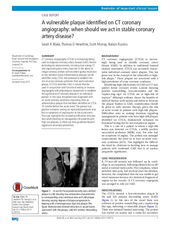 (PDF) A vulnerable plaque identified on CT coronary angiography: when ...