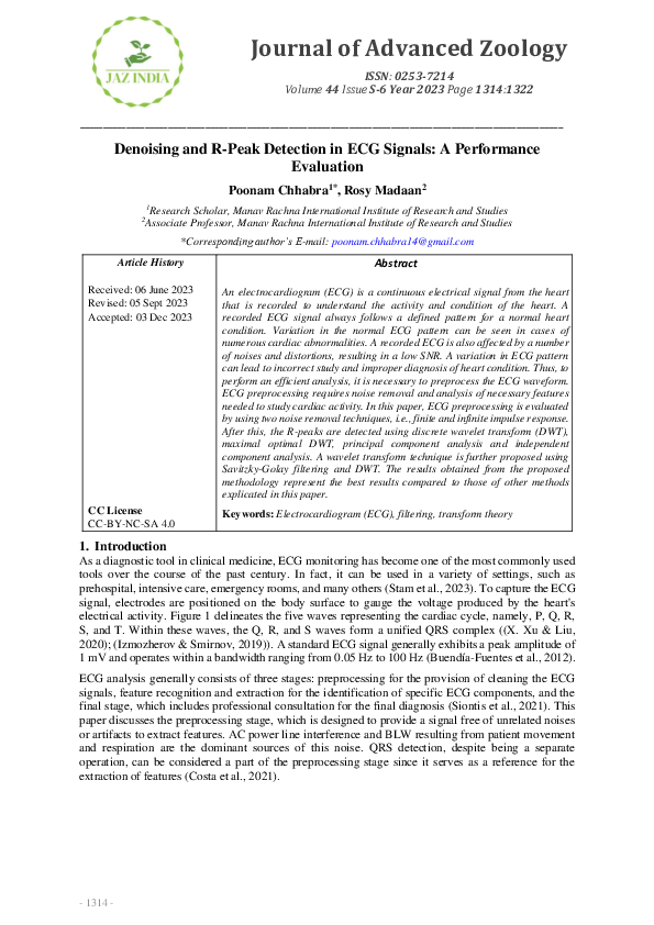 (PDF) Denoising and R-Peak Detection in ECG Signals: A Performance Evaluation