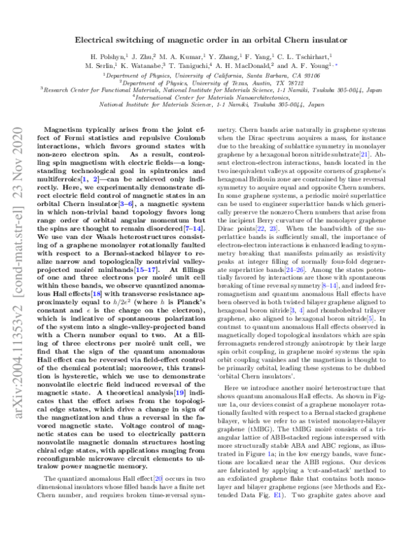 (PDF) Electrical switching of magnetic order in an orbital Chern insulator