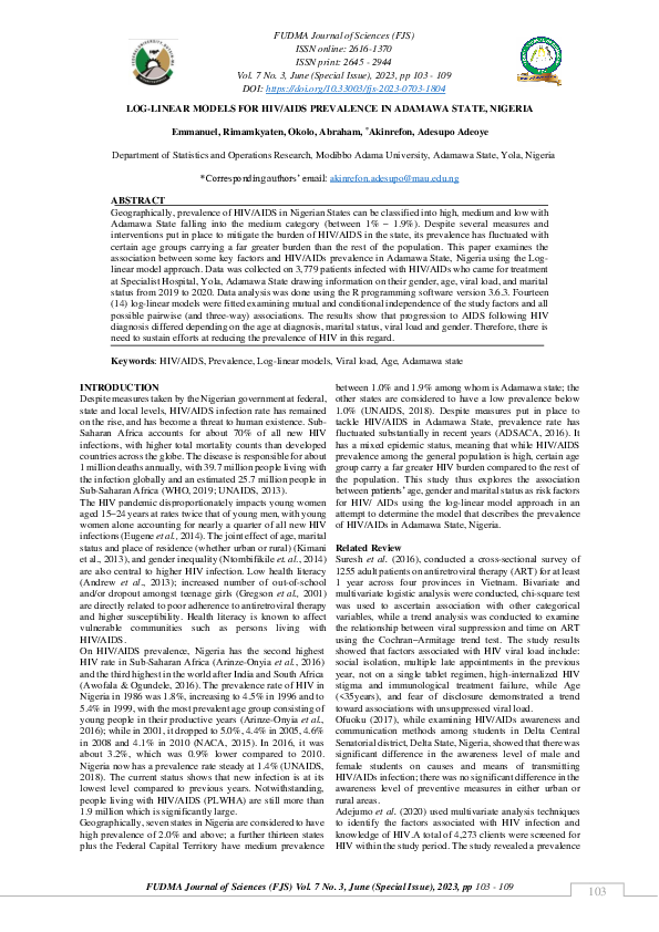 (PDF) Log-Linear Models for Hiv/Aids Prevalence in Adamawa State, Nigeria