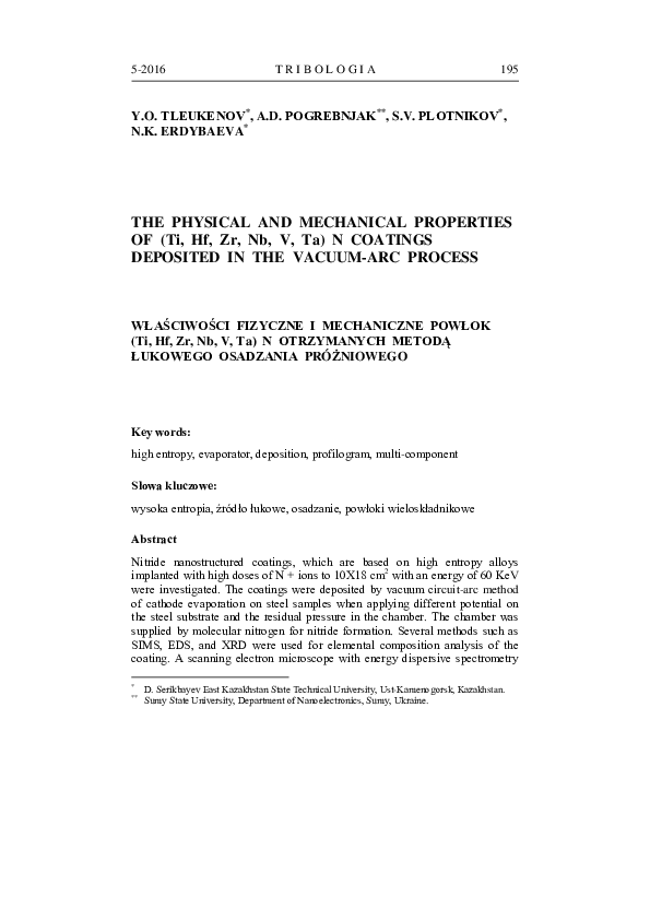 (PDF) THE PHYSICAL AND MECHANICAL PROPERTIES OF (Ti, Hf, Zr, Nb, V, Ta) N COATINGS DEPOSITED IN ...