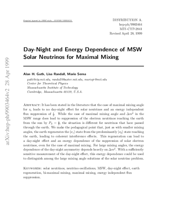 (PDF) Day-Night and Energy Variations for Maximal Neutrino Mixing Angles