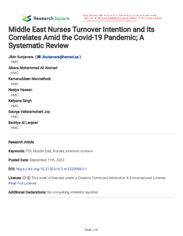 (PDF) Nurse Turnover Intention in the Middle East