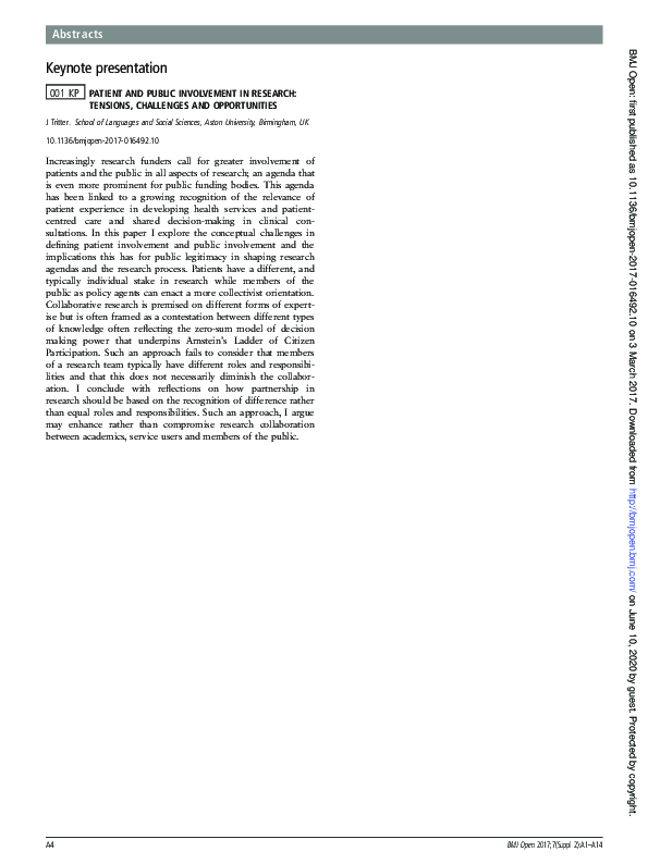 (PDF) 001 KP: Patient and Public Involvement in Research: Tensions ...