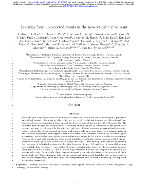 (PDF) Learning from unexpected events in the neocortical microcircuit | Jérôme Lecoq - Academia.edu