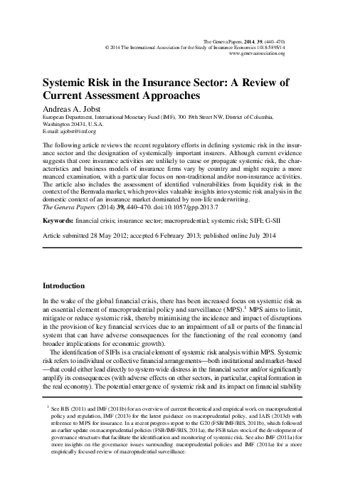 Pdf Systemic Risk In The Insurance Sector A Review Of Current