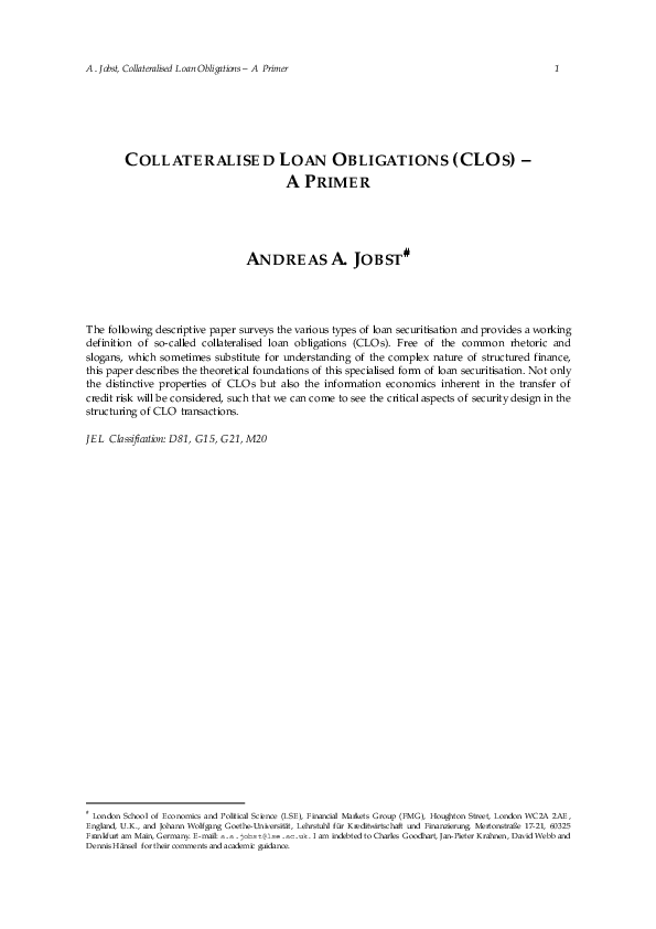 (PDF) Collateralised Loan Obligations (CLOs) - A Primer