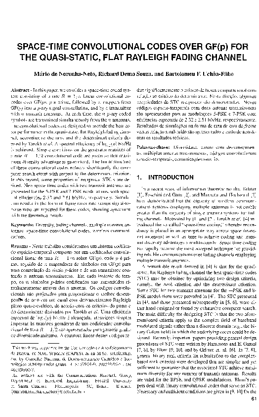 (PDF) Space-Time Convolutional Codes Over GF(p) for the Quasi-Static, Flat Rayleigh Fading Channel