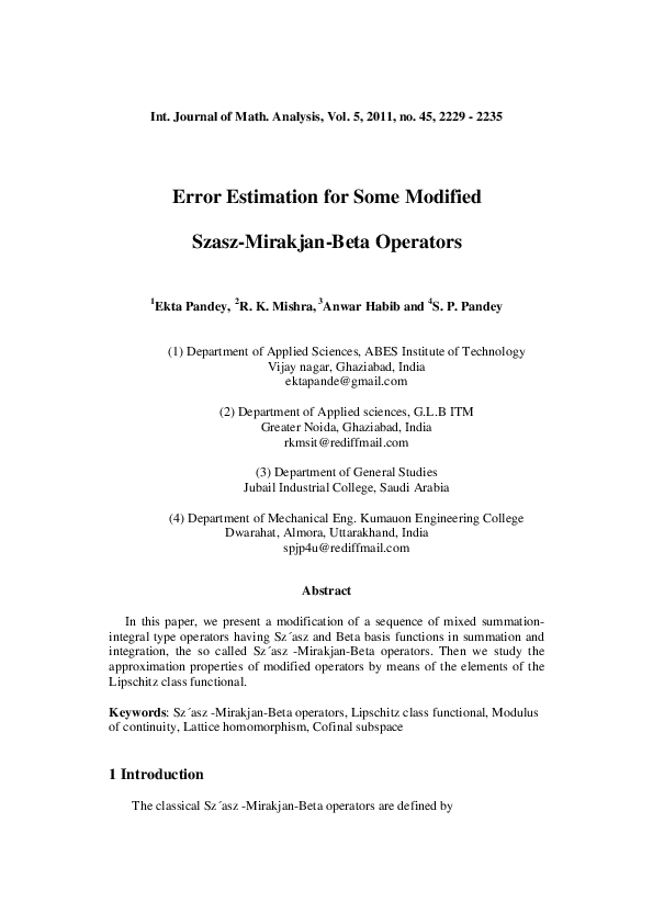 Pdf Error Estimation For Some Modified Szasz Mirakjan Beta Operators