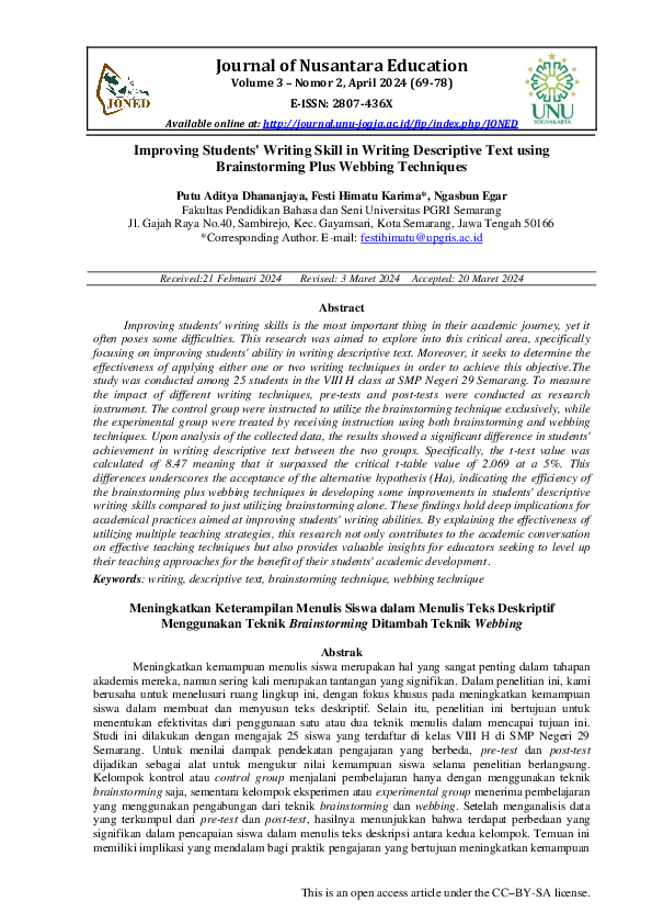 (PDF) Improving Students' Writing Skill in Writing Descriptive Text using Brainstorming Plus ...