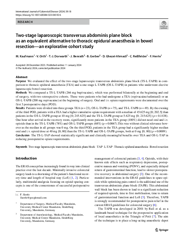 (PDF) Two-stage laparoscopic transversus abdominis plane block as an ...