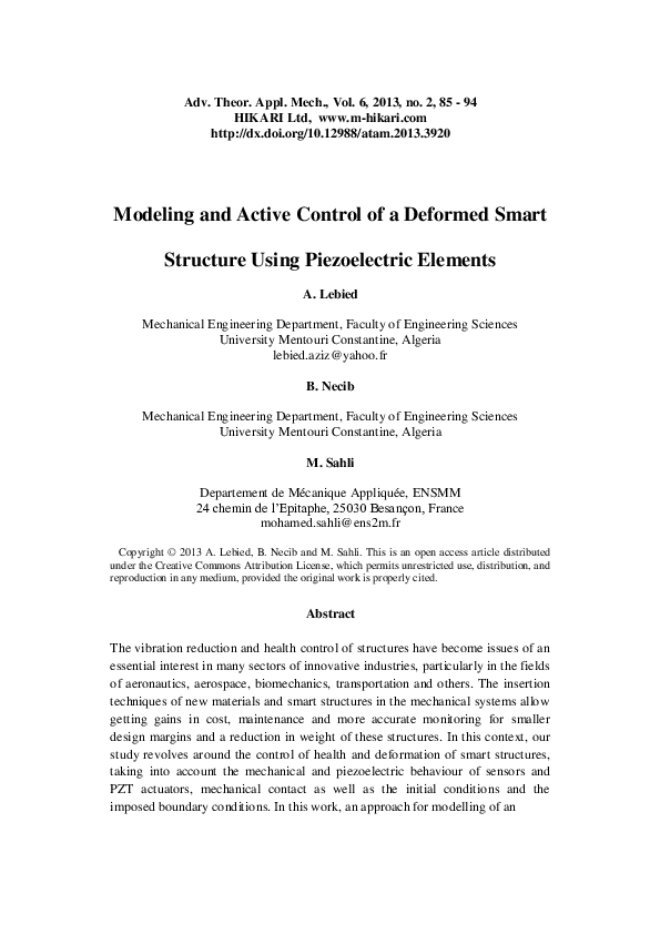 (PDF) Modeling and active control of a deformed smart structure using piezoelectric elements