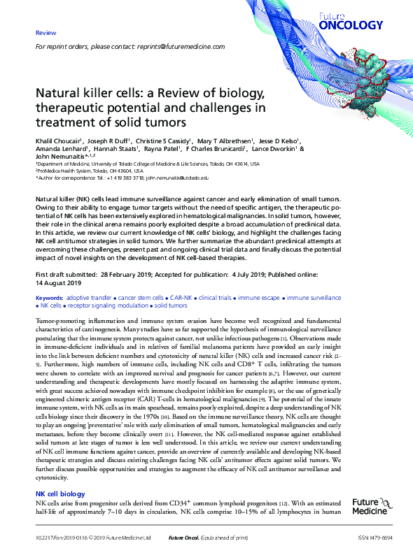 (PDF) Natural killer cells: a review of biology, therapeutic potential and challenges in ...