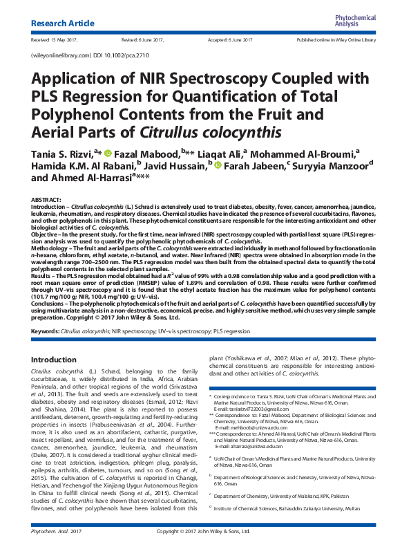 (PDF) Application of NIR Spectroscopy Coupled with PLS Regression for ...