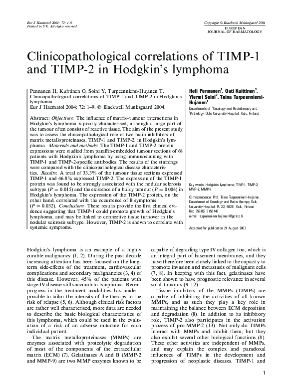 (PDF) Clinicopathological correlations of TIMP-1 and TIMP-2 in Hodgkin ...