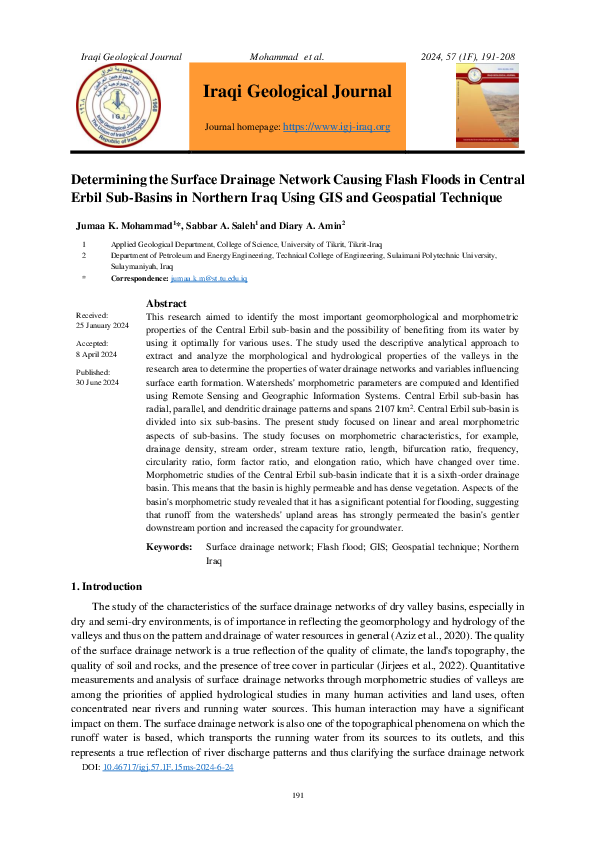 (PDF) Determining the Surface Drainage Network Causing Flash Floods in Central Erbil Sub-Basins ...
