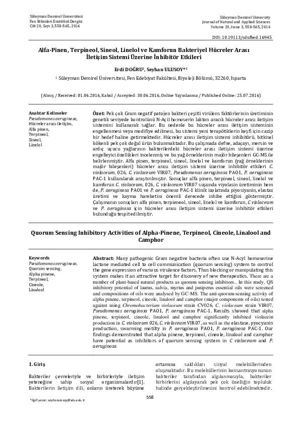 (PDF) Alfa-Pinen, Terpineol, Sineol, Linelol ve Kamforun Bakteriyel ...