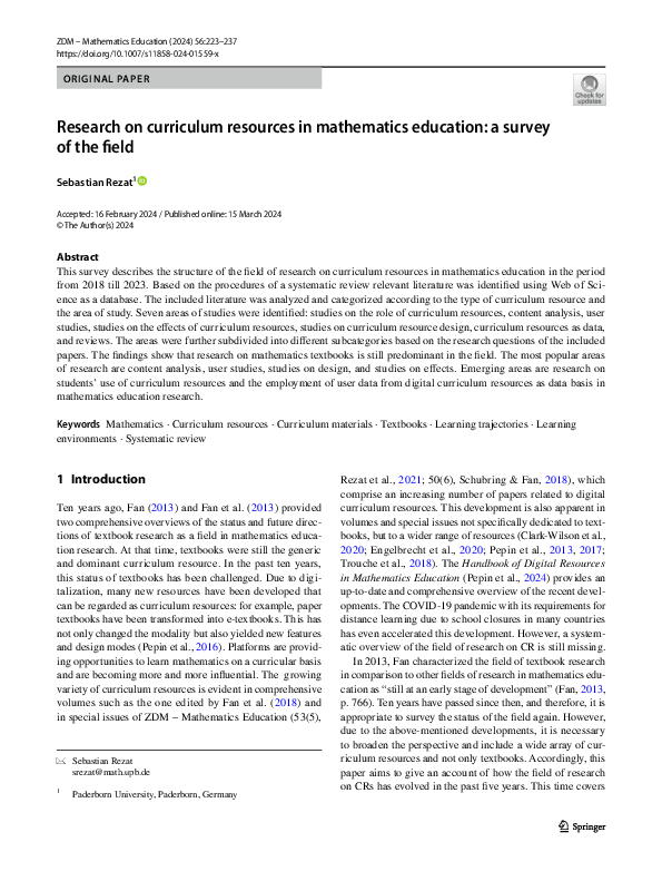 (PDF) Research on curriculum resources in mathematics education: a ...